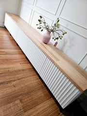 White Fluted TV unit with solid timber Top – Catwalk Furniture