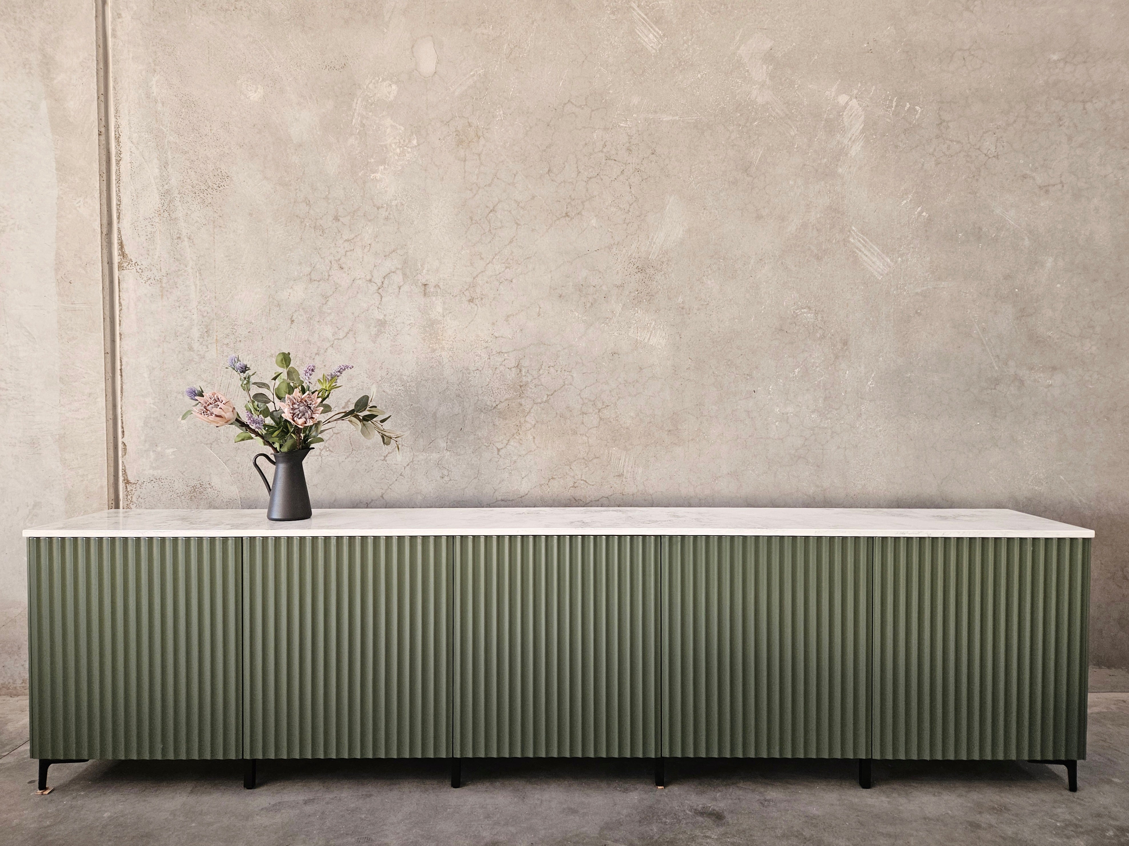 Green Fluted TV unit with stone top – Catwalk Furniture