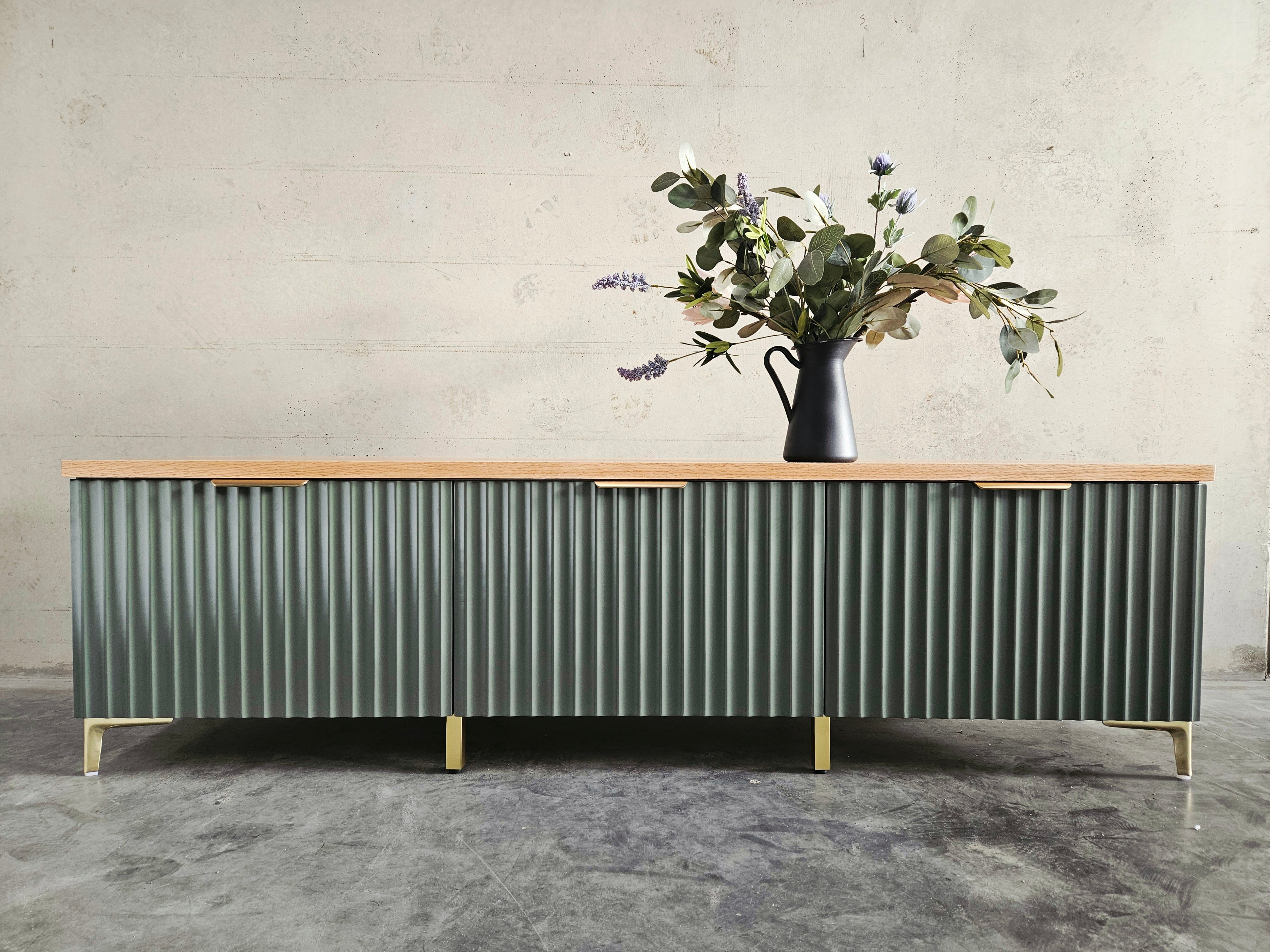 Green Fluted TV unit with solid Timber Top – Catwalk Furniture