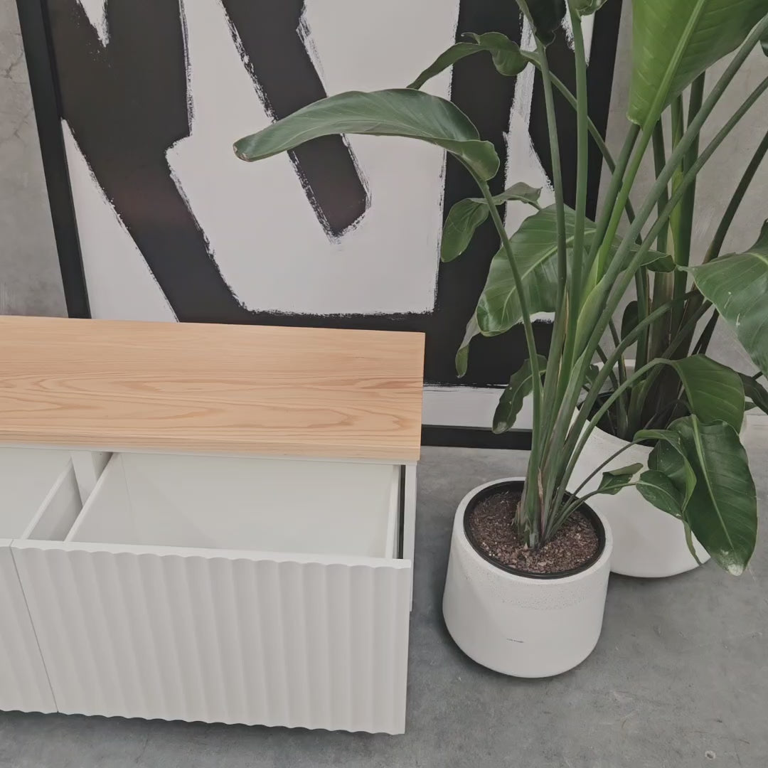 White Fluted TV unit with solid timber Top – Catwalk Furniture